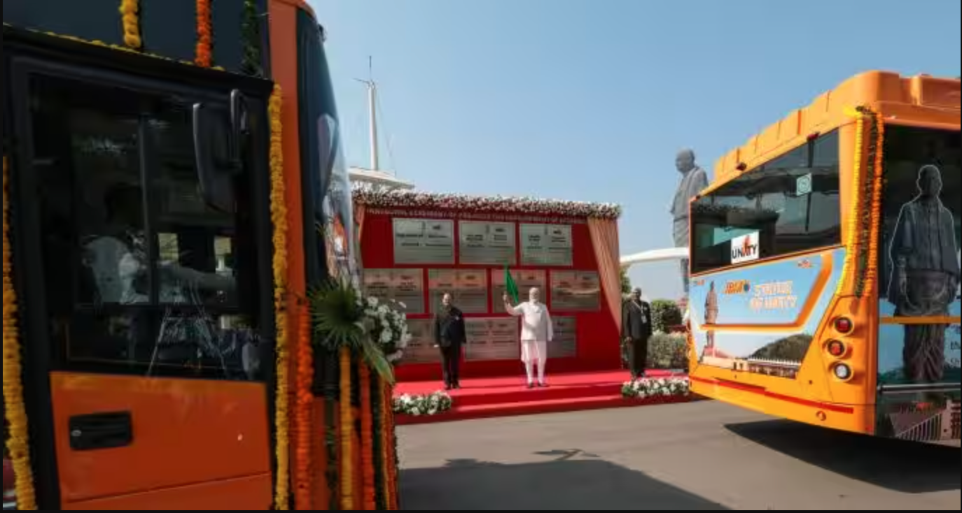 Prime Minister Modi Launches 30 Electric Buses At Statue Of Unity For ...